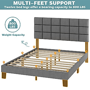 Lifezone Queen Bed Frame with Headboard Upholstered Bed Frame with Linen Tufted Headboard,Wood Slats Support,No Boxing Needed,Heavy Duty Feet,Easy Assembly,Light Grey