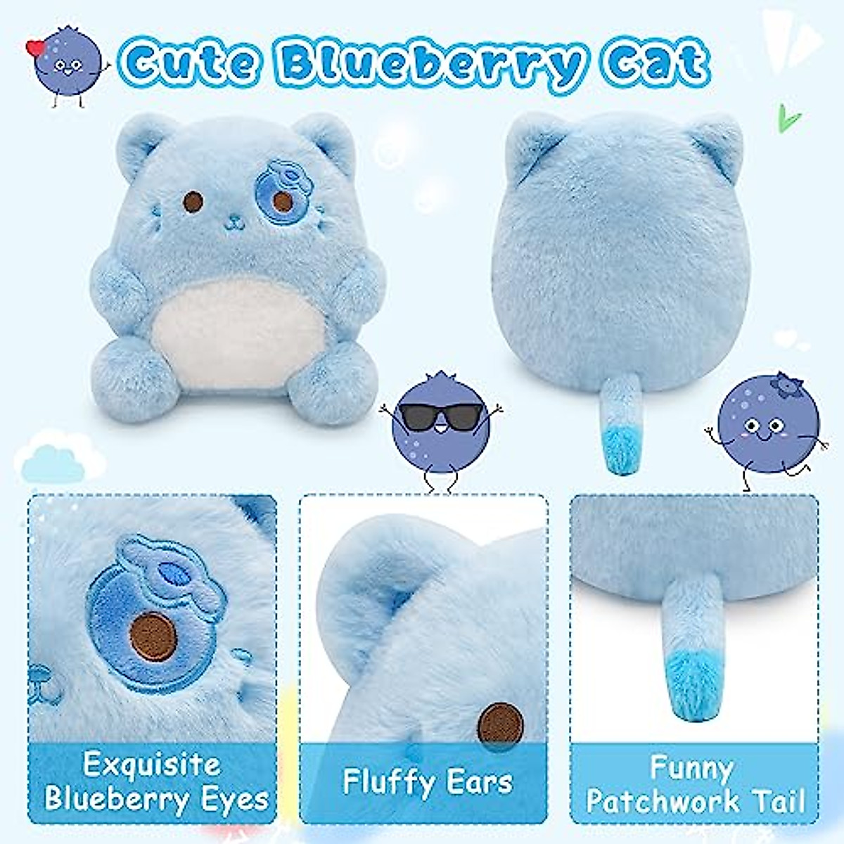 Leokawin Cat Stuffed Animal Blueberry Plush Pillow, Kawaii Blueberry Cat Plush Blueberry Stuffed Cat Plushies, Soft Cute Blueberry Plush Toy Gifts for Kids Boys Girls