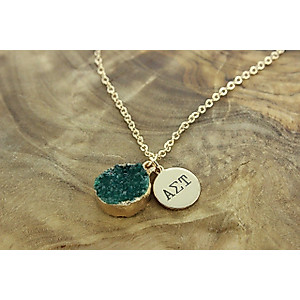 Sorority Shop AST Necklace - Alpha Sigma Tau Green Druzy Gemstone Necklace With Engraved Pendant – 14K Gold Dipped Jewelry with Green Gemstone – Sorority Gift, Charm Paraphernalia