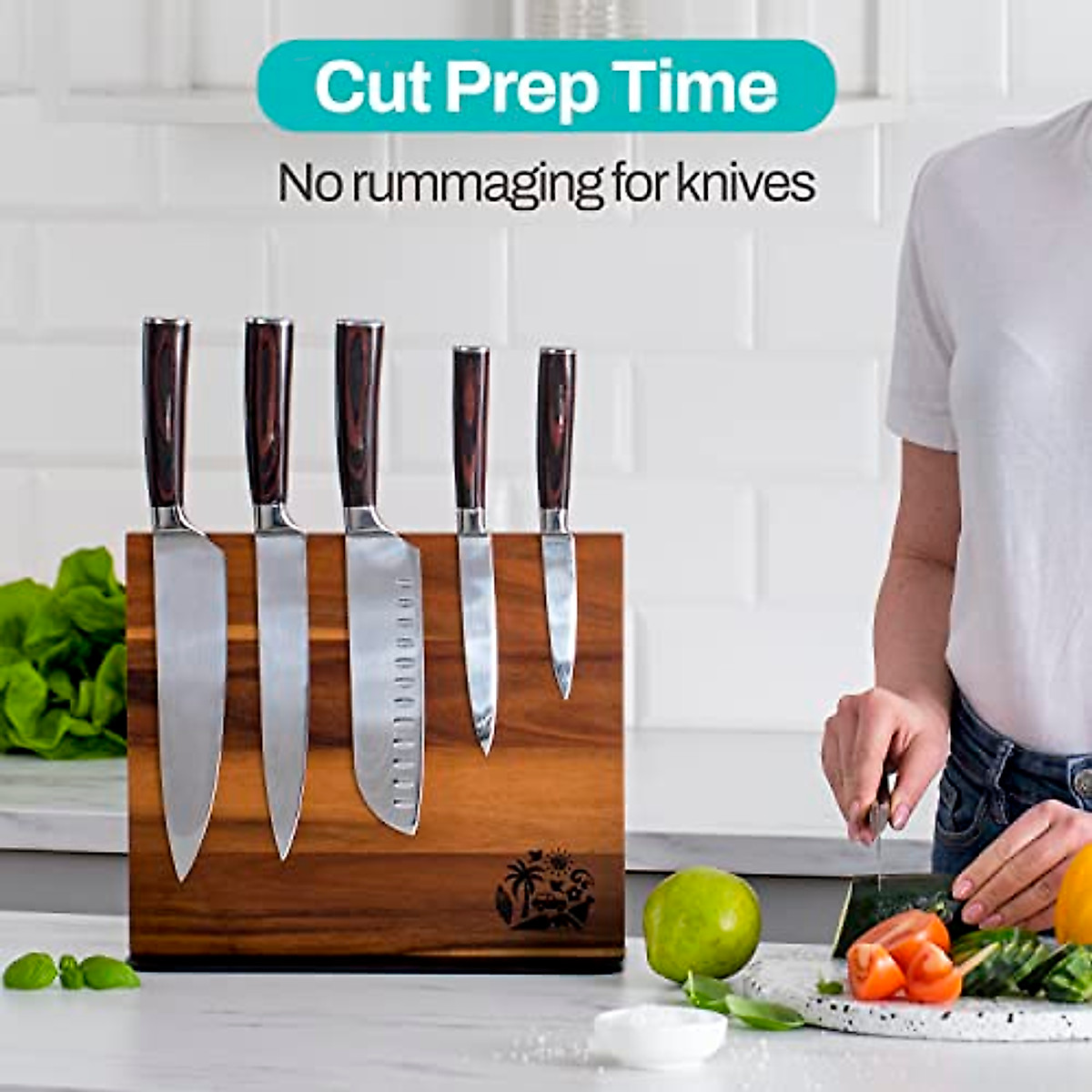 Magnetic Knife Block Holder Rack - Acacia Wood Cutlery Storage for 12 Knives Double Sided Magnets & Non-Slip Base - Knives Not Included