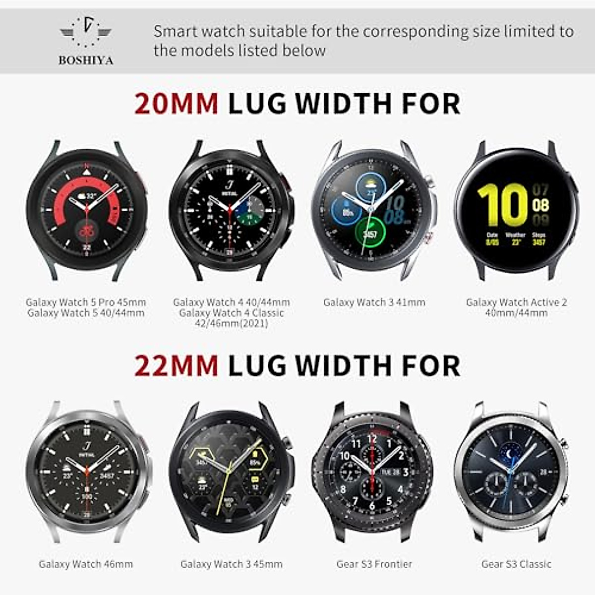 BOSHIYA Quick Release Watch band, Universal Stainless Steel Watch strap 18mm, 20mm, 22mm or 24mm, Fits Samsung Galaxy Watch 6/5/4/3,G-armin Watch,Huawei Watch for Men Women，Silver Black