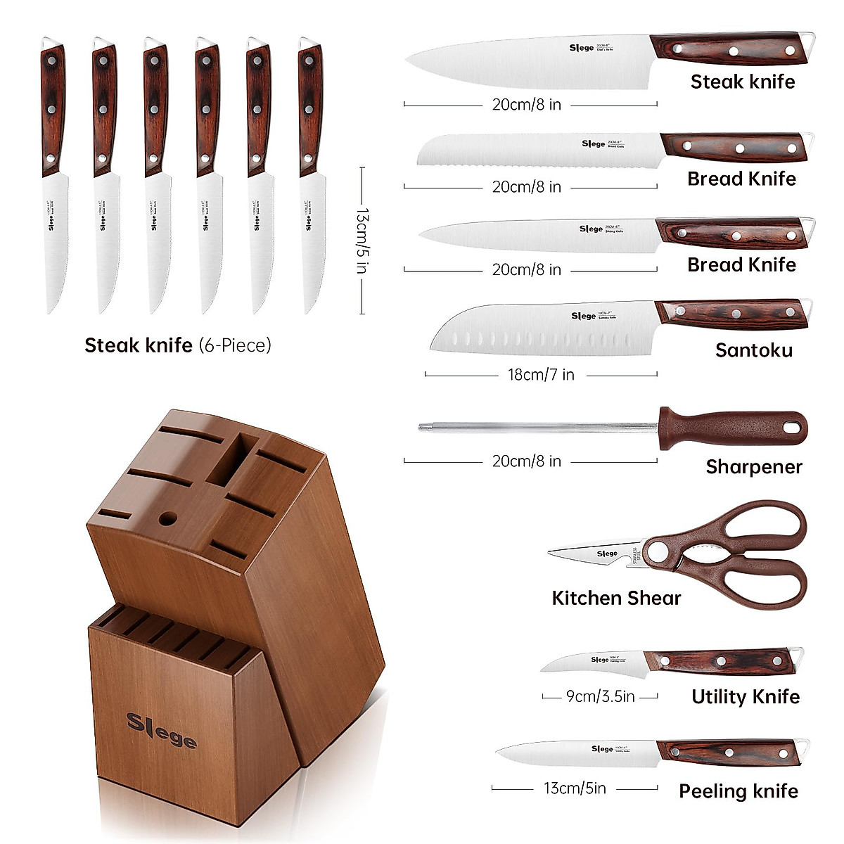 Knife Set,15-Piece Kitchen Knife Set with Block Wooden - High Carbon Stainless Steel Slege Knives Set,Ultra Sharp Full Tang Forged