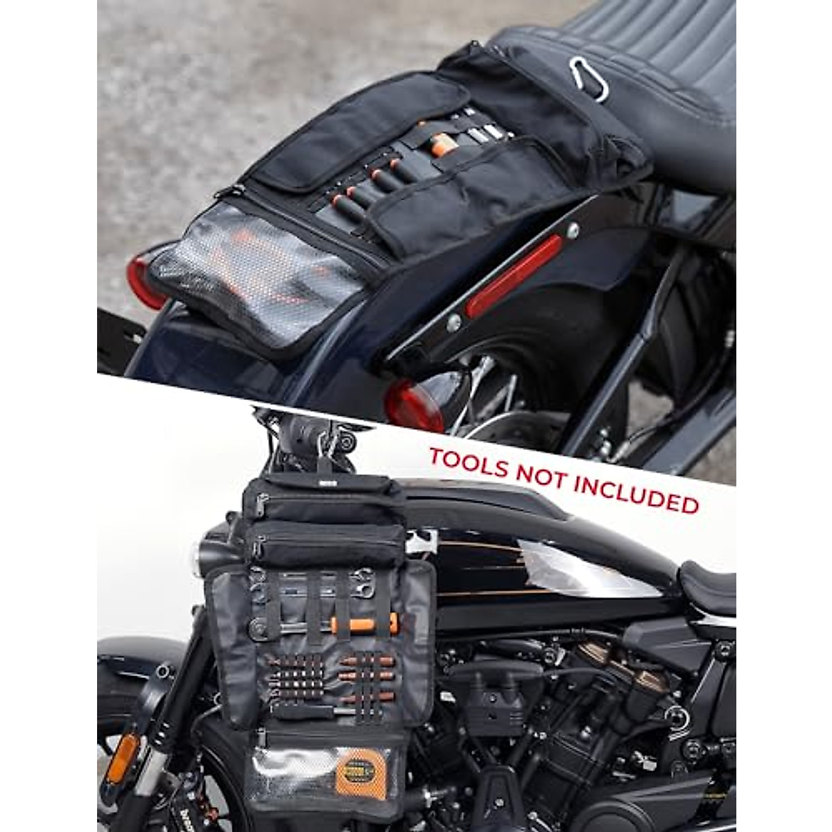 KEMIMOTO Motorcycle Tool Bag [Tool Not Included], Handlebar Tool Roll Black Tool Organizer with Elastic Loops Pockets Durable Tool Pouch for Motorcycles Softail Dyna Sportster