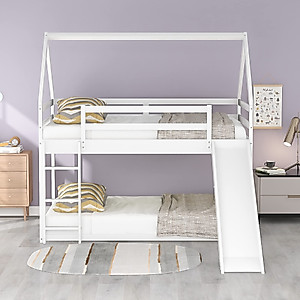 Jintop Twin Size Bunk House Bed with Slide and Ladder,Wooden Loft Bed Frmae,w/Pitched Roof & Safety Guardrails,Easy Assembly,for Kids Teens Girls Boys Bedroom,White