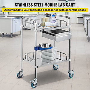 VEVOR Lab Cart 2 Layers Dental Cart with 1 Drawer Stainless Steel Cart 1 Refuse Basin Lab Utility Cart w/Silent Omnidirectional Wheels Stainless Utility Cart for Laboratory Hotel Restaurant Home Use