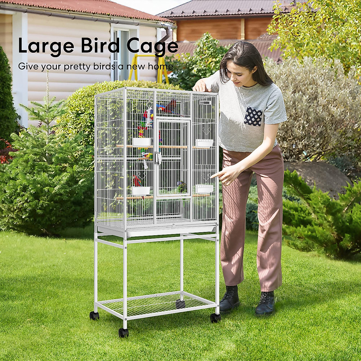 VIVOHOME 54 Inch Wrought Iron Large Bird Flight Cage with Rolling Stand for Parakeets Canaries Cockatiels Lovebirds Conures, White