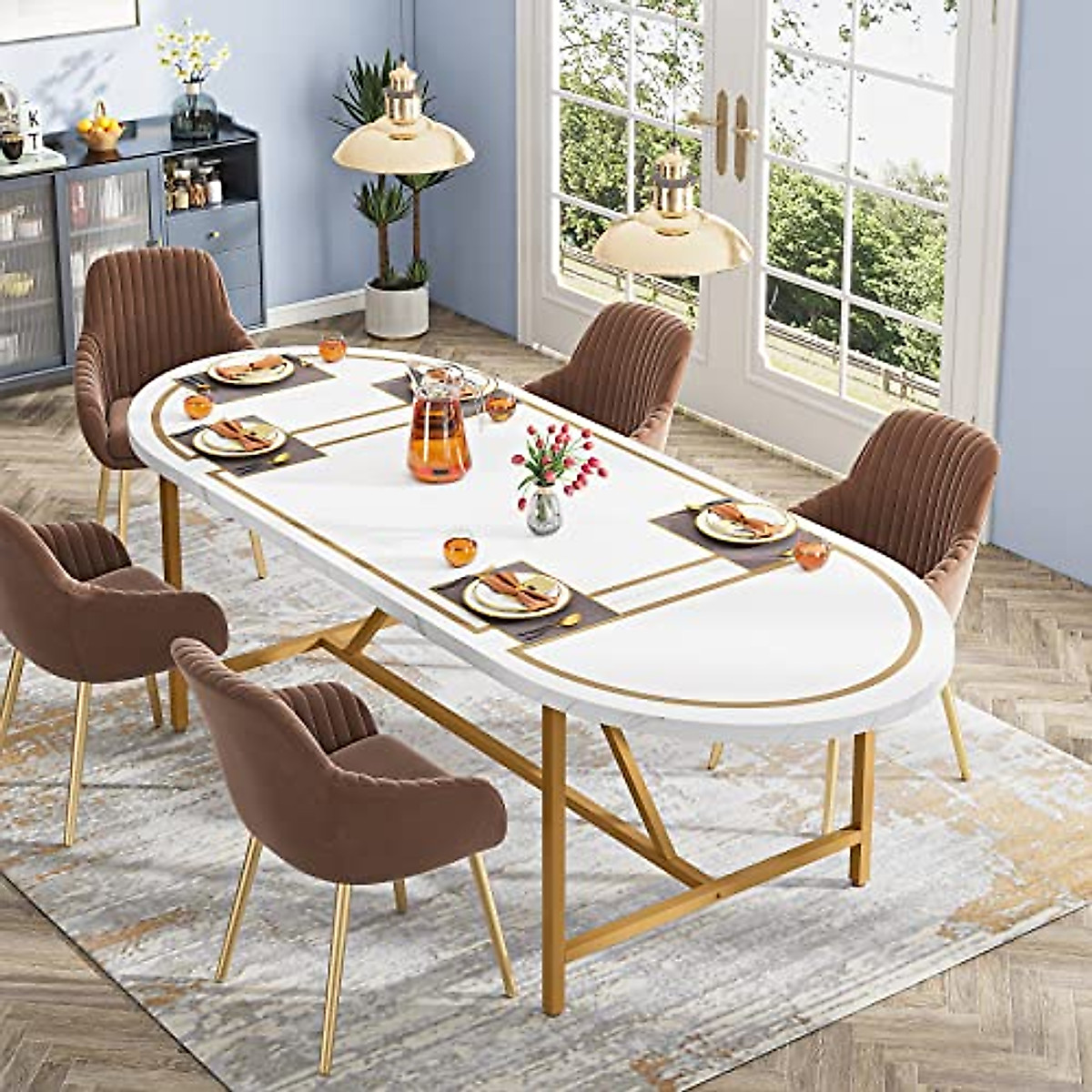 Tribesigns Modern Dining Table for 6 People, Gold White Oval Dining Room Table with Gold Metal Frame, 70.8 Inch Kitchen Tables for Home Kitchen Dining Room