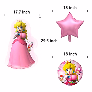 5Pcs Princess Peach Foil Balloons,Mario Theme Birthday Party Decorations Supplies for Girl (A)