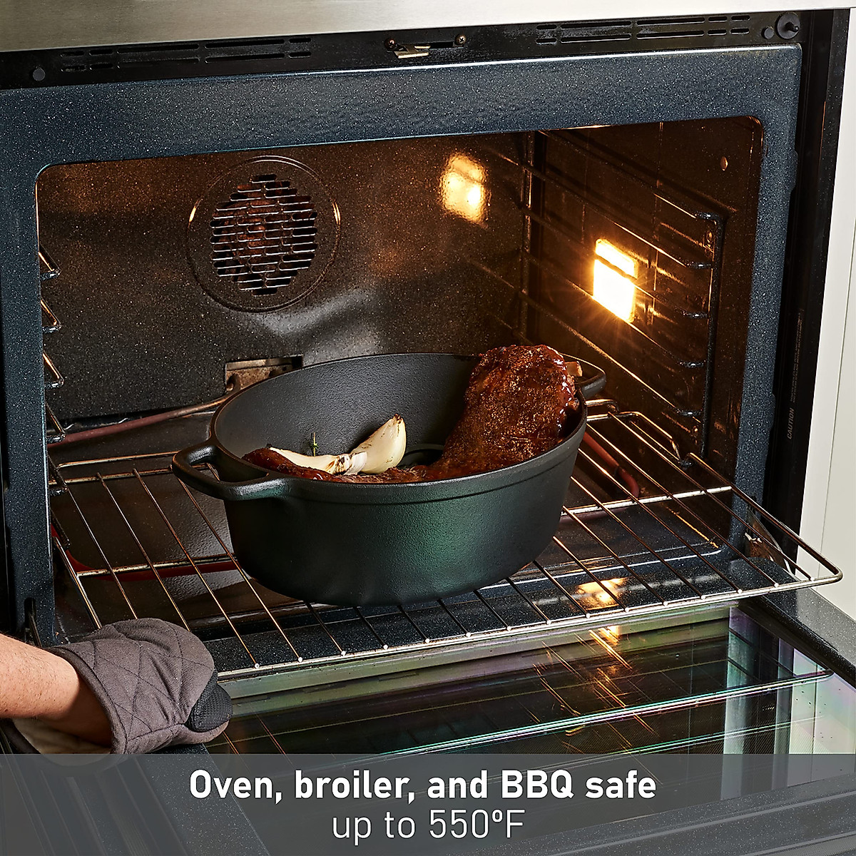 BBQ by MasterPRO - 7 Qt Pre Seasoned Cast Iron Oval Dutch Oven with Self Basting Lid and Stainless Steel Handle, 7 Quarts, Black