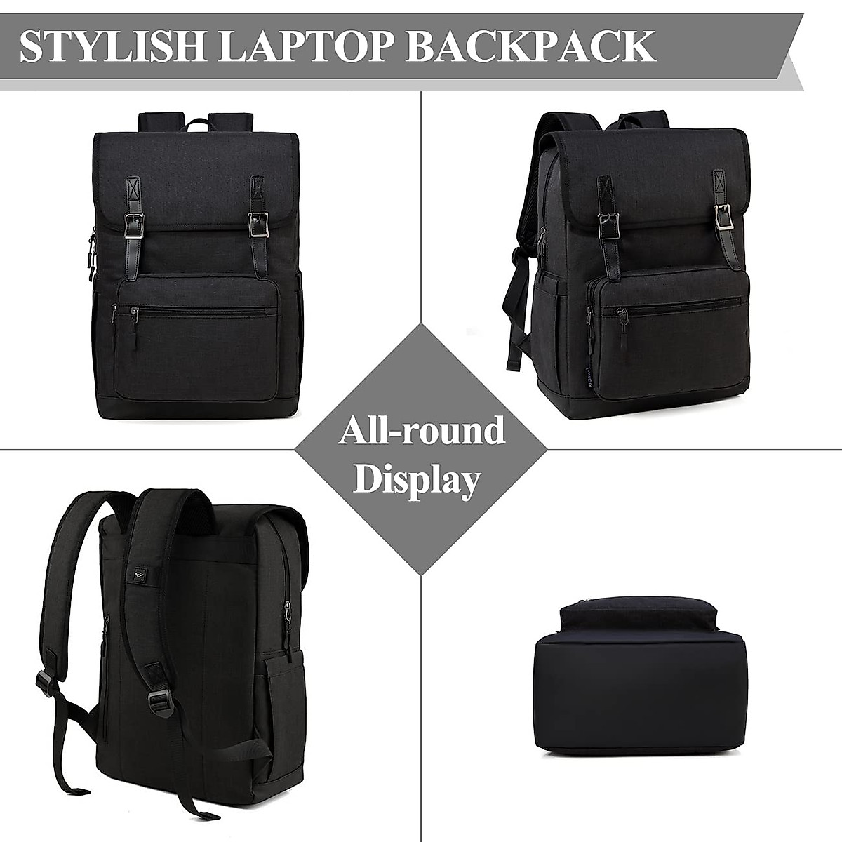 VASCHY Laptop Backpack, Water Resistant Multifunctional Business College School Bookbag Computer Travel Backpack for Men Women Fits 15.6in Laptop,Black