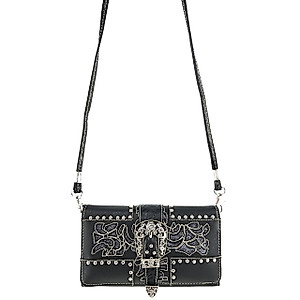Justin West Western Brown Purse Tooled Laser Cut Floral Design Studs Rhinestone Buckle Concealed Carry Handbag With Trifold Wristlet Cross Body Strap Wallet Set (Black Tote)