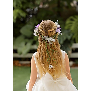 DreamLily Boho Wedding Floral Crown Woodland Fairy Crown Flower Girl rose Crown Hair Wreath with Tail DFS28 (Lavender)