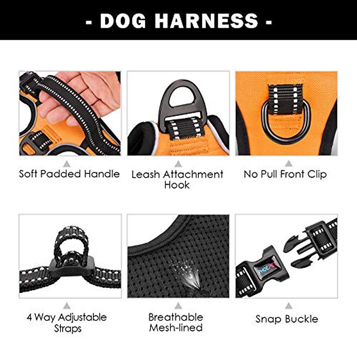 PHOEPET No Pull Dog Harness Medium Reflective Front Clip Vest with Handle,Adjustable 2 Metal Rings 3 Buckles,[Easy to Put on & Take Off](M, Orange)