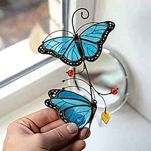 dxS8hhuo Stained Monarch Butterfly Glass Window Decor, Hanging Butterfly Decorations, Stained Glass Wall Art for Garden Yellow