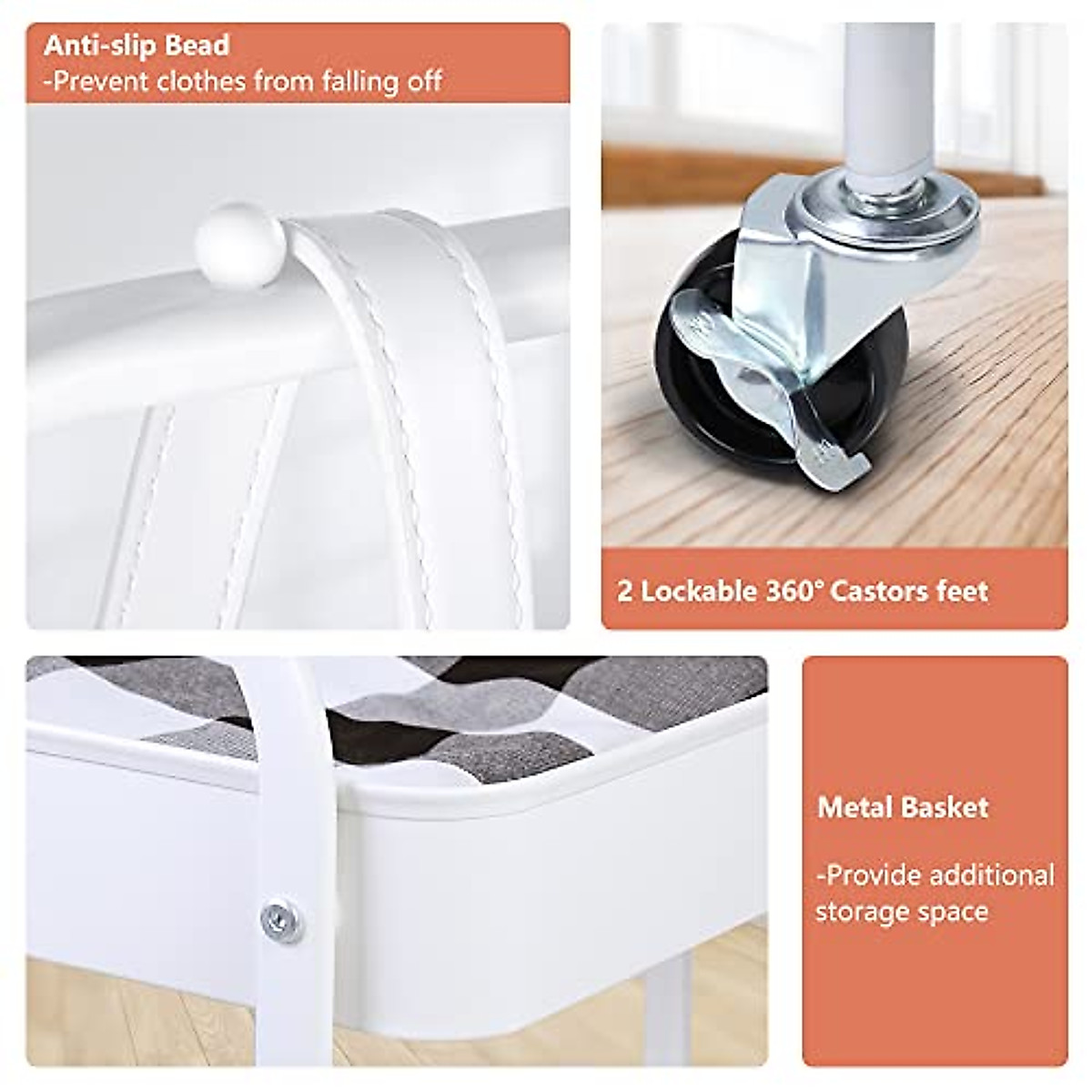 HIDODO White Clothing Rack, Portable Garment Rack Rolling Clothes Organizer with 2 Tier Metal Baskets, Laundry Cart with Hanging Rack, Small Wardrobe Rack on Wheels for Bedroom, Laundry and Entryway