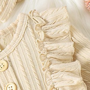 ZAXARRA Newborn Baby Girls Clothes Long Sleeve Button Front Ruffle Romper Socks Headband 3Pcs Set Fall Winter Outfits (Beige, 0-3 Months)