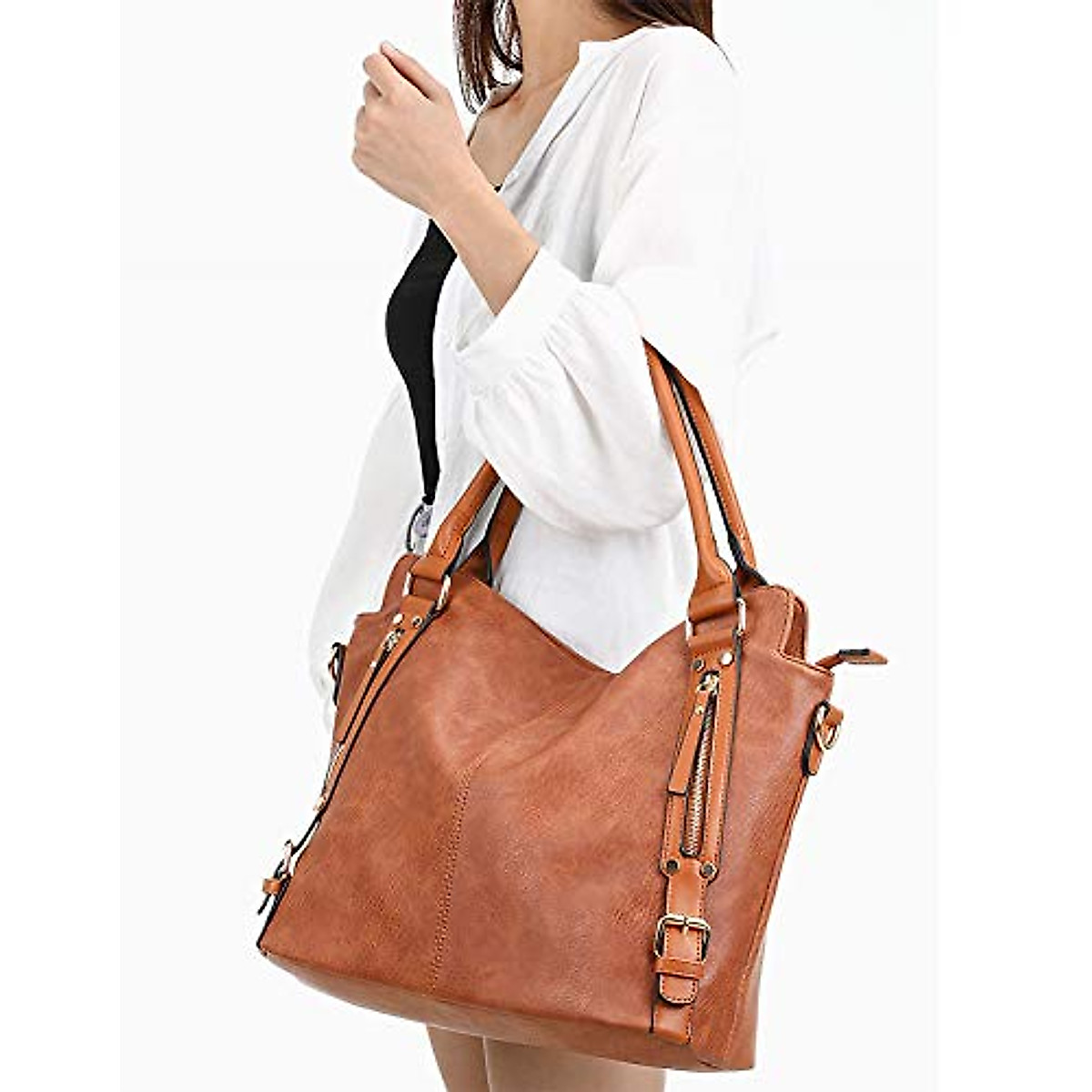 Panzexin Women Handbags, Vintage Large Capacity Shoulder Bags Tote, Chic PU Leather Handbags Brown
