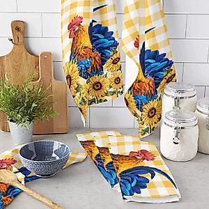 Kitchen Towels Farm Animal Rooster Sunflower Chicken Absorbent Tea Towel Soft Hand Dish Towel Yellow Plaid Reusable Washable Cleaning Cloth for Bathroom Bar for Everyday Cooking (Pack of 3)
