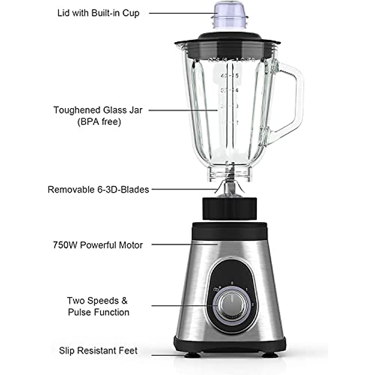 Smoothie Blender, 750W Blenders for Kitchen, Blender for Shakes and Smoothies with 48 oz Tritan Glass Jar, Professional Kitchen Blender, 6 Stainless Steel Blades, 2 Adjustable Speed and Pulse Function