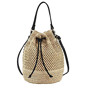 Obosoyo Women Straw Bucket Bags Drawstring Beach Bag Handwoven Crochet Tassel Purse Bohemian Shoulder Handbag