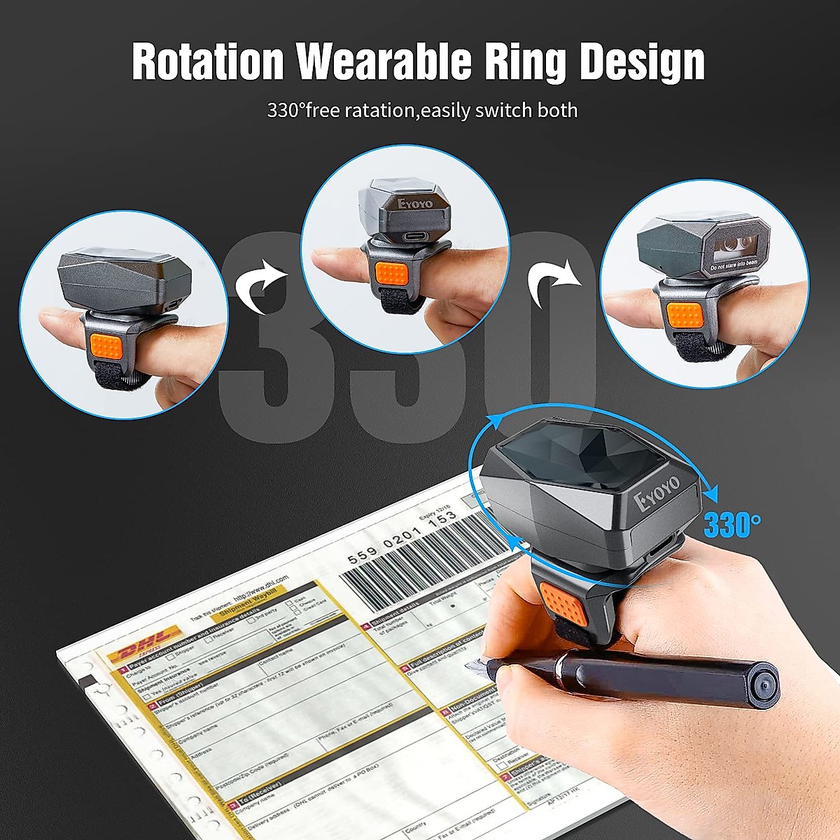 Eyoyo 2D Bluetooth Ring Barcode Scanner,Wearable Wrist Finger Wireless Scanner, Left/Right-Hand Operation,1D QR PDF417 Data Matrix Reader for iPhone, Android, Windows,Mac OS