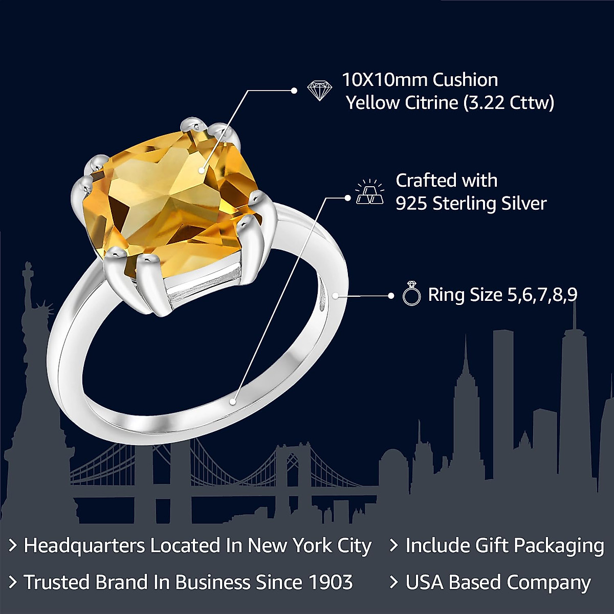 Gem Stone King 925 Sterling Silver Yellow Citrine Double Prong Ring For Women (3.22 Cttw, Cushion Cut 10MM, Gemstone Birthstone, Available In Size 5, 6, 7, 8, 9)