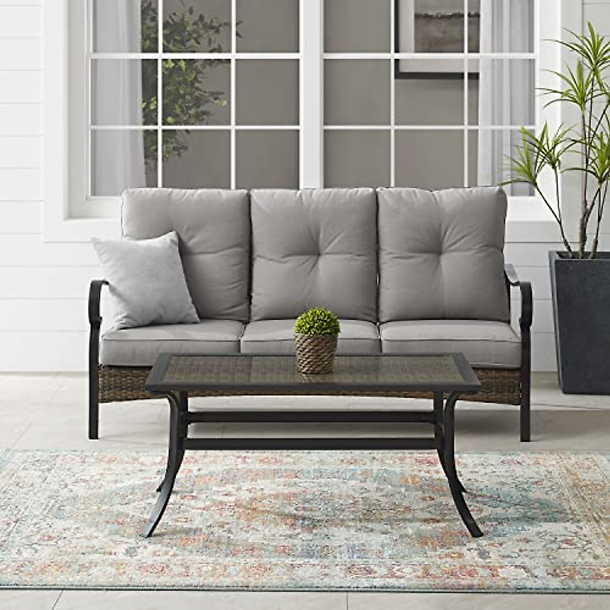 Crosley Furniture KO70350MB-TE Dahlia Outdoor Metal and Wicker 2-Piece Sofa Set (Sofa, Coffee Table), Matte Black with Taupe Cushions