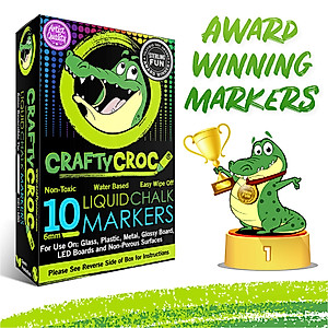 Crafty Croc Liquid Chalk Markers, 10 Pack of Neon Chalk Pens, for Nonporous Chalkboards, Bistro Boards, Glass and Windows