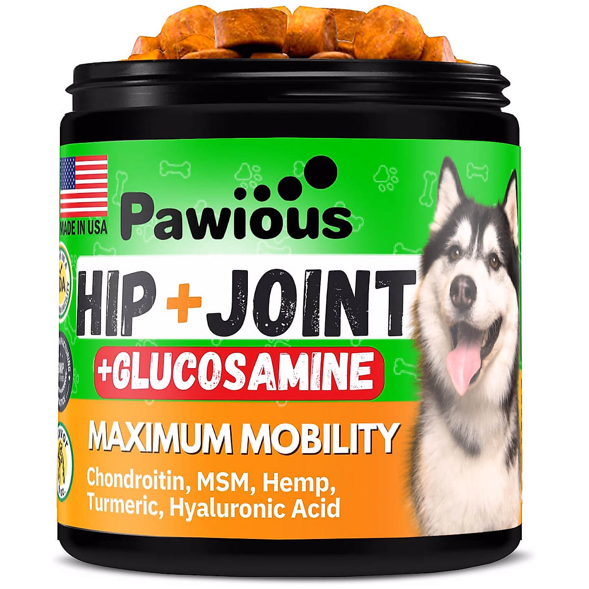 Pawious Hip and Joint Chews for Dogs - Glucosamine for Dogs - Dog Joint Pain Relief - Chondroitin, MSM, Turmeric, Hemp Oil Treats - Advanced Support Dog Joint Supplement Health - Mobility Bites