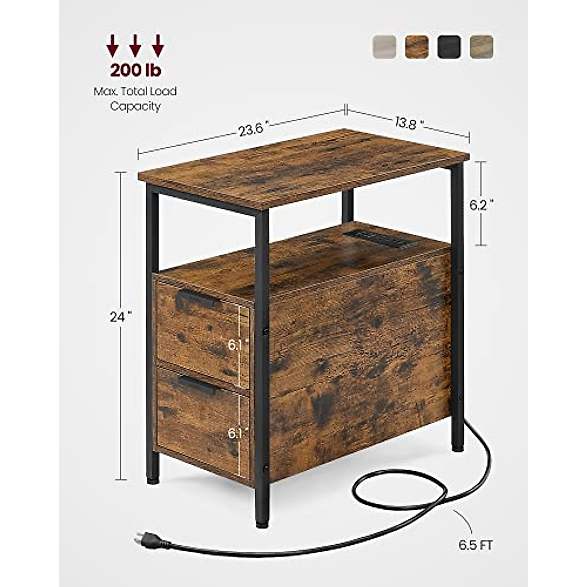 VASAGLE Side Table with Charging Station, Narrow End Table with 2 Drawers, Slim Nightstand and Bedside Table with Storage, for Small Spaces, Rustic Brown and Black ULET321B01
