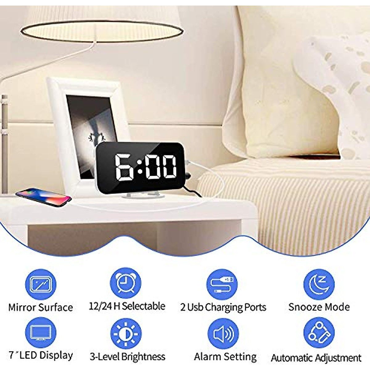 Digital Alarm Clock,7" LED Mirror Electronic Clocks,with 2 USB Charging Ports,Snooze Mode,Auto Adjust Brightness,Modern Desk Wall Clocks for Bedrooms Living Room Office - White