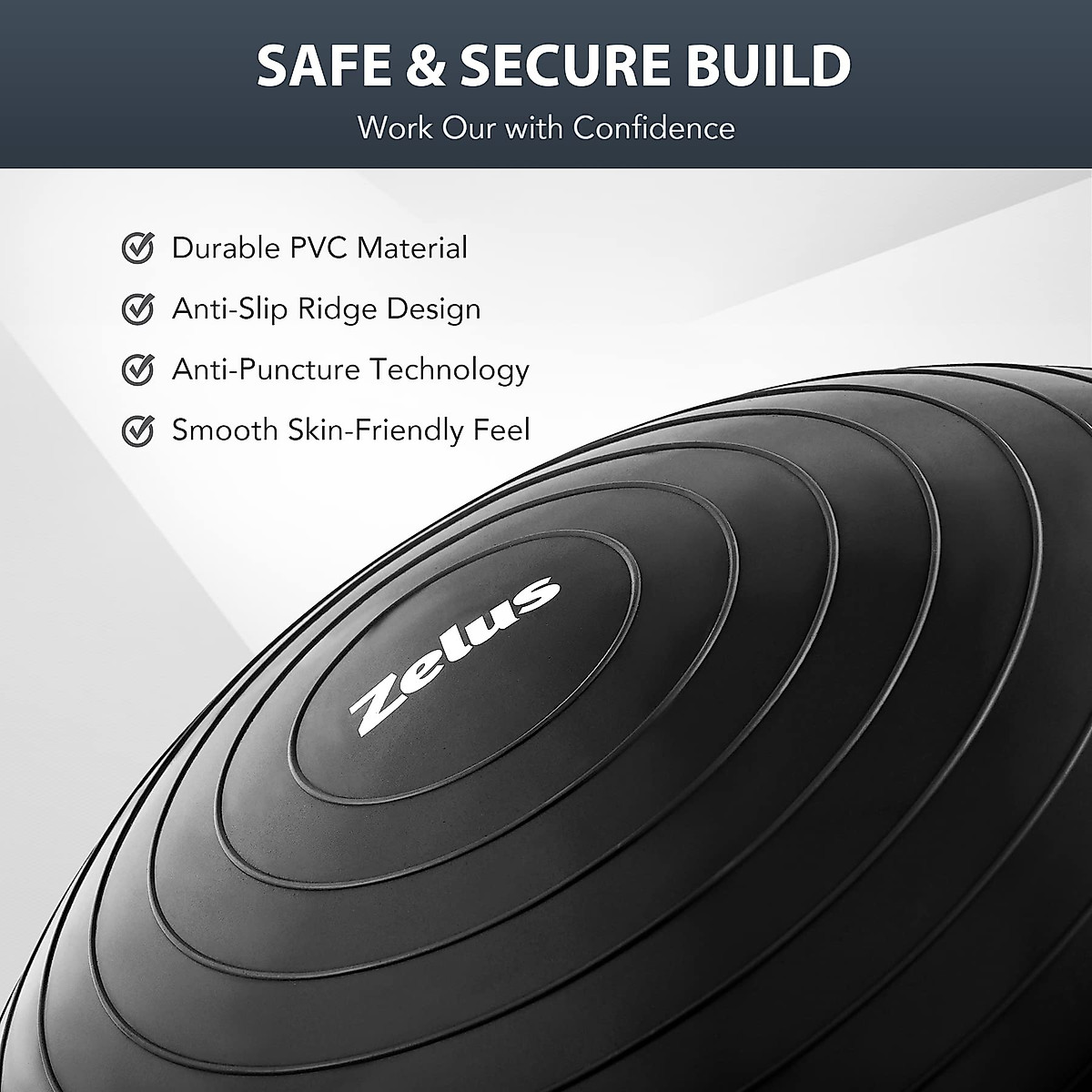 ZELUS Balance Ball Trainer with Resistance Bands & Foot Pump, Inflatable Yoga Ball for Home Gym Workouts, 23 Inch Exercise Half Ball for Balance Training Core Strength Fitness, 330lb Cap (Black)