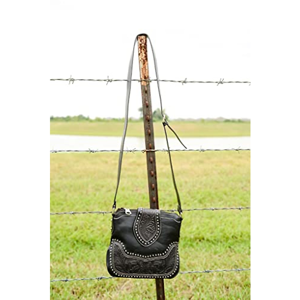Concealed Carry Tooled Leather Crossbody Purse - Black