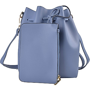 QZUnique Handbag Set Women's PU Leather Drawstring Bucket Bag Crossbody Shoulder Bags Purses Set With Colorful Strap Blue