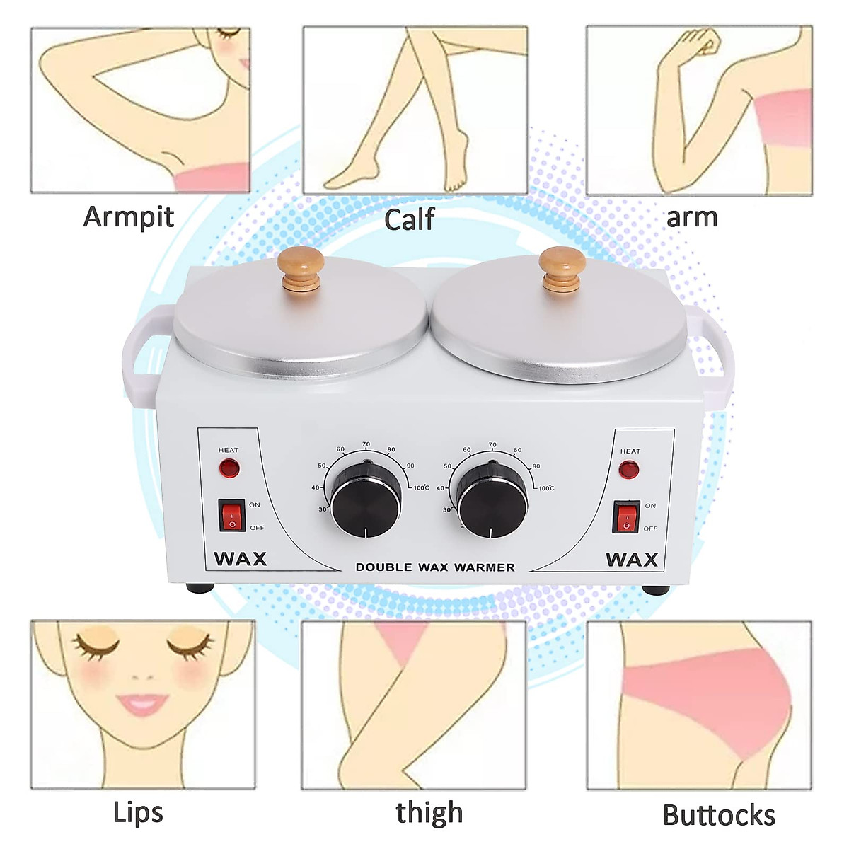Upgraded Double Wax Warmer Professional Machine Pot Hot Heater Salon Heater Warmer Hair Removal Wax Pot Machine 20-100℃ Heater Warmer Hair Removal with Wooden Wax Sticks