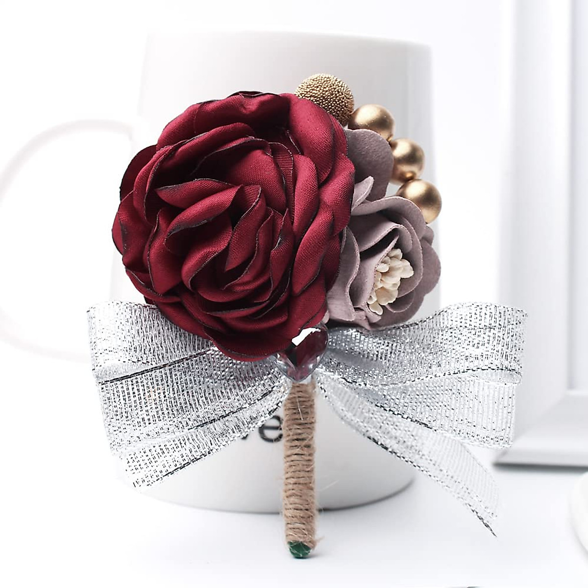 WANLIAN Wrist Corsage,Corsage and Boutonniere Set Bridesmaid Wedding Flower Corsages And Hand Flower Set of 2 for Wedding Prom Party (Red)