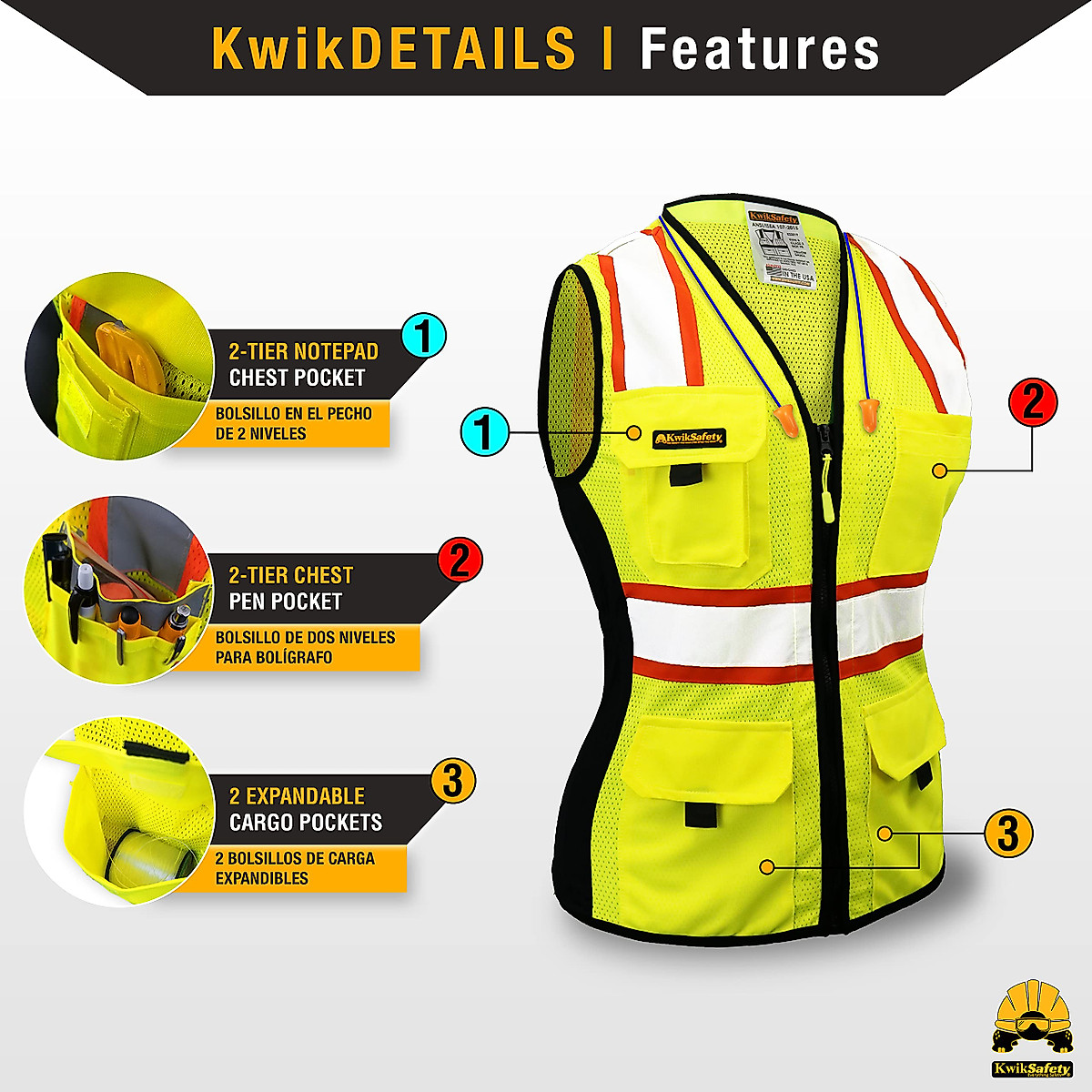 KwikSafety FIRST LADY Safety Vest for Women [SNUG-FIT] 9 Pockets, Class 2 Custom High Visibility Reflective ANSI OSHA Fitted Construction Work PPE/Yellow Small
