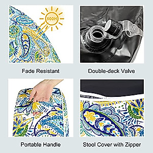 LVTXIII Indoor/Outdoor Inflatable Ottoman, All Weather Round Footrest Stool D21”x H9”, Portable for Patio Garden Camping or Home-Paisley Blue