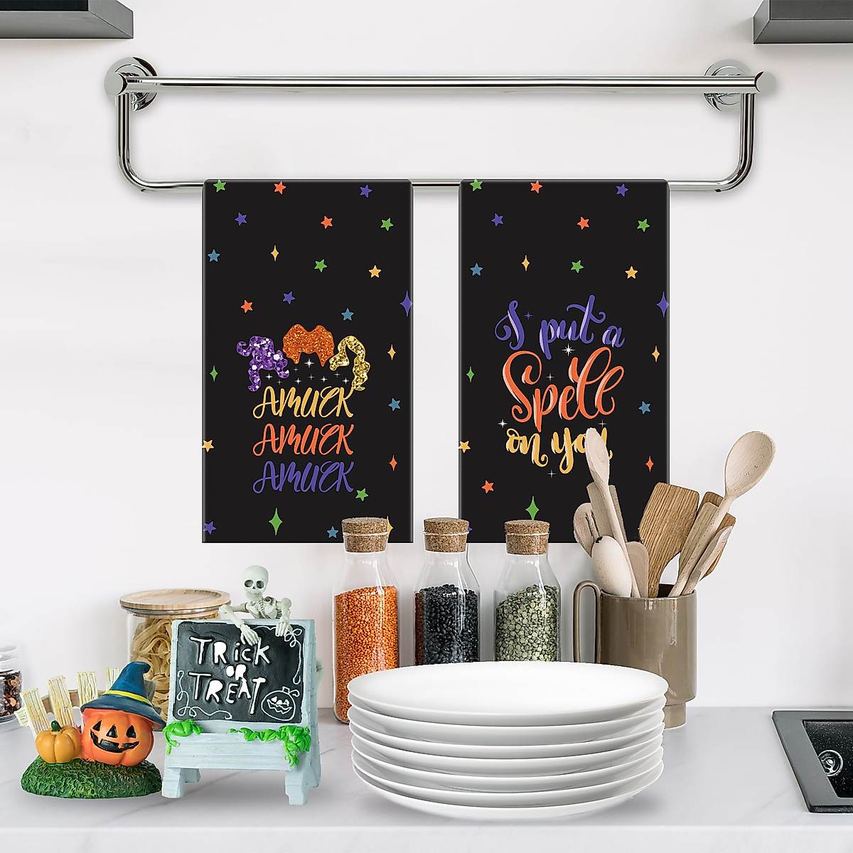 peony man Set of 4 Halloween Kitchen Towels Witch Dish Towels Hocus Pocus Amuck Tea Towels Halloween Hand Towel Drying Cloth for Holiday Kitchen Bathroom Party Supplies, 18" x 26"