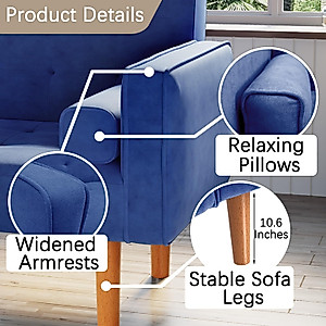 Furmax Convertible Futon Sofa Bed Fabric Modern Folding Couch, Upholstered Couch Recliner with 2 Pillows and Armrests for Living Room Lounge, Sturdy Wood Legs Fabric Home Recliner Sofa. (Blue)