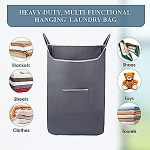 The Fine Living Co. X-Large Hanging Laundry Hamper with Over Door Hooks & Adhesive, Durable Space Saving Laundry Bag with Zipper and Wide Open Top, Hanging Dorm Laundry Hamper 20"x3.38"x30" (Grey-XL)