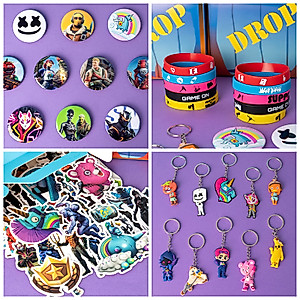Game Party Supplies for Kids, 100 Pcs Party Favors - Bracelet, Gift Box, Button Pins, Key Chain, Stickers, Finger Light for Kids Themed Party