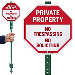 SmartSign 'Private Property - No Trespassing No Soliciting' Yard Sign (3 Ft Stake, 10 x 10 In, Red and White) 40 mil Laminated Rustproof Aluminum, Set of 1, Made in USA