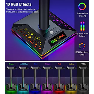 EUROA Headphone Stand Gaming Desk Headset Stand Holder with 10 RGB Lights, Head Set Desk Hook Gift Accessories for Gamer, Backpack Gaming Headpones Stand with 2 USB Charing Ports
