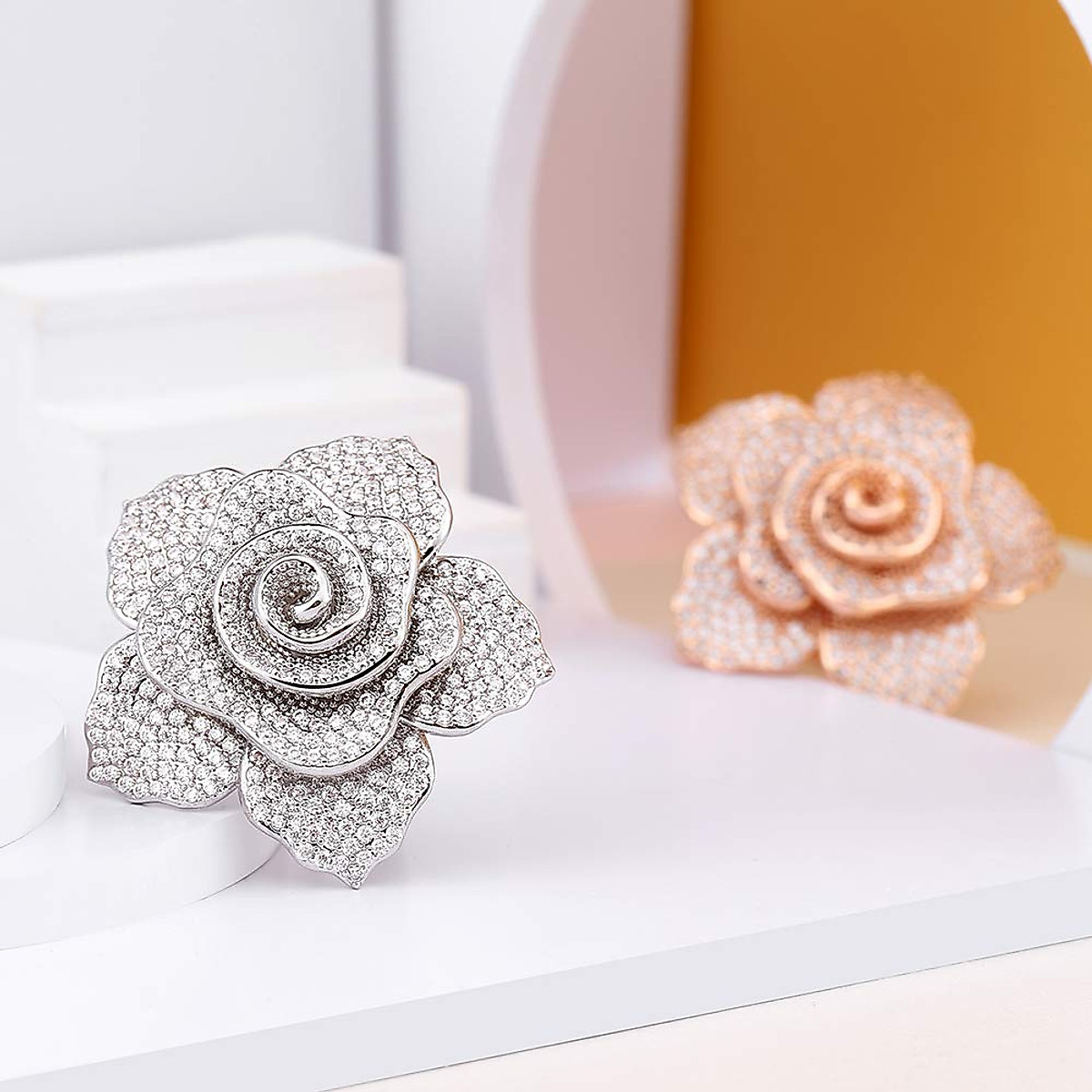 Deelan Fashion Ring For Women Wedding Engagement Flower Rose Gold Platinum Zircon Crystal Statement Jewelry rings (Platinum color, 8)