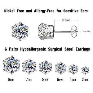 6 Pairs Cubic Zirconia Stud Earrings Set Surgical Steel Hypoallergenic 316L Stainless Steel Earrings for Women Men Contain 3,4,5,6,7,8mm