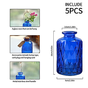 ELEGANTTIME Cobalt Blue Glass Bud Vase Small Flower Vase Mini Bottle with Cork Wire Handle Design for Deco Cafes, Office Table, Home and Garden(Set 5)