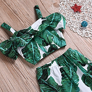 BOEBNOZCV Toddler Baby Girl Strap Banana Leaf Print Strappy Cold Shoulder Cropped Top + Long Skirts Outfits Clothes Set (Banana Leaf, 7T)