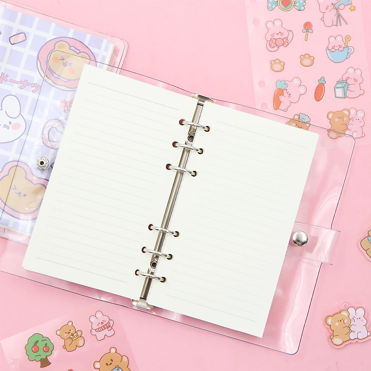 2 Pcs Binder Notebook,Rabbit Bear 6 Round Ring Loose Leaf Binder Small Diary Journal Planning Pocket Notebook with Transparent PVC Cover Pendant Sticker Gift for Kid Office Christmas Easter Birthday