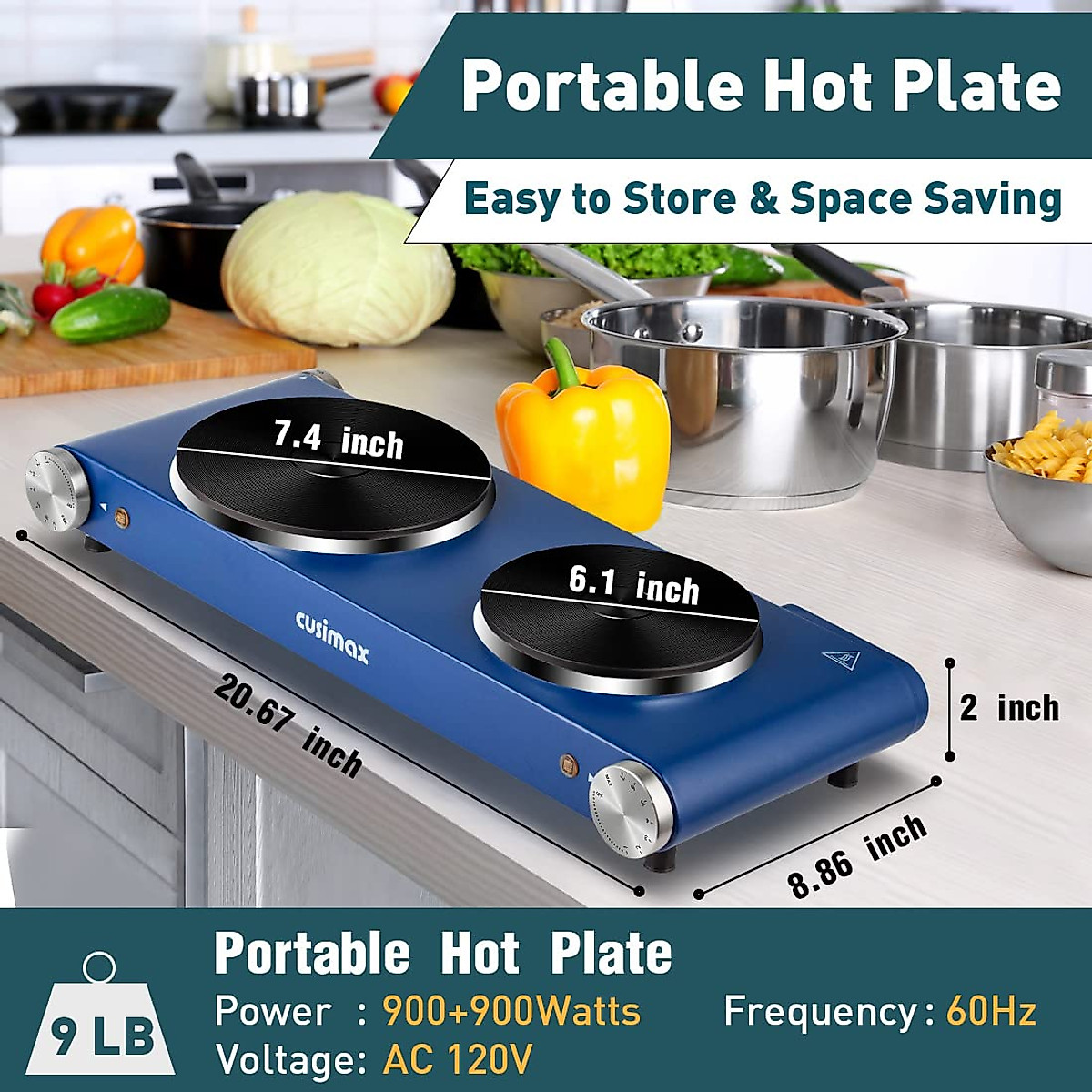 Hot Plate, CUSIMAX Double Burner, 1800W Electric Cooktop, Cast Iron Hot Plate for Cooking, Portable Electric Stove, Stainless Steel Countertop Burner, Easy to Clean, Blue